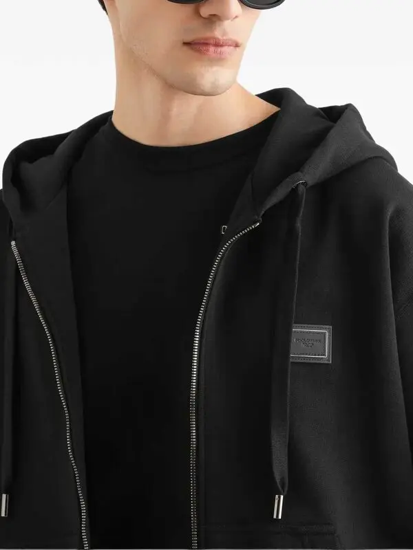 Dolce & Gabbana Zip-up Cotton Hoodie With Logo Plaque - Black