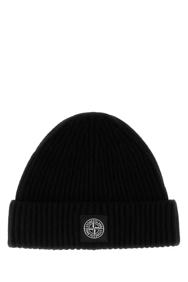 Stone Island Ribbed Wool Beanie Hat - Black