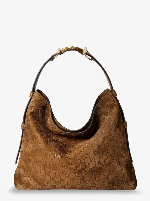 Gucci Beatrix Suede Shoulder Bag With Allover Gg Logo - Brown