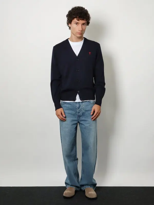 AMI Paris Wool Cardigan With Embroidered Detail - Blue