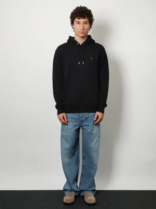 AMI Paris Cotton Hoodie With Embroidered Logo - Black