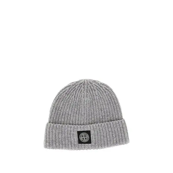 Stone Island Virgin Wool Beanie Hat With Logo Patch - Grey