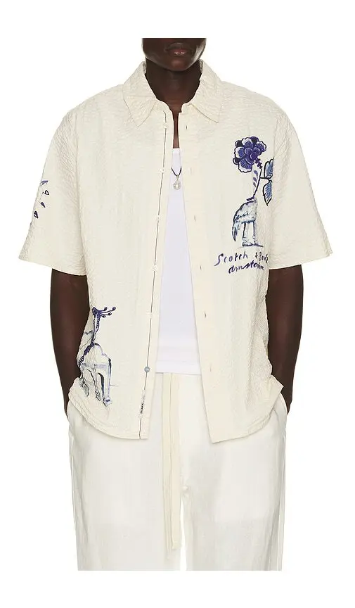 Scotch & Soda Delfts Blauq Worked Out Relaxed Fit Short Sleeved Shirt In Ivory - Eggnog