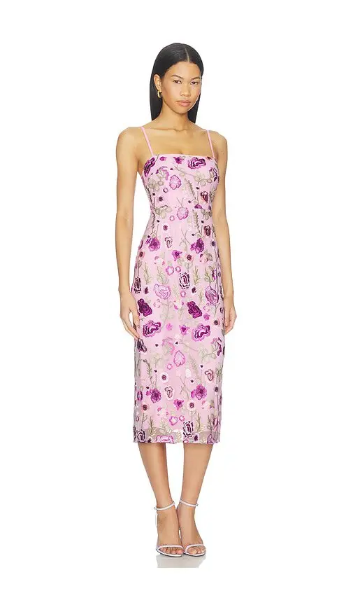 LOVERS AND FRIENDS Embroidered Mesh Midi Dress