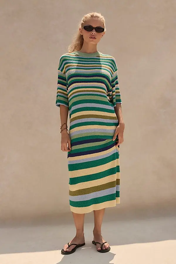 Free People Striped Crewneck Midi Sweater Dress - Teal Combo