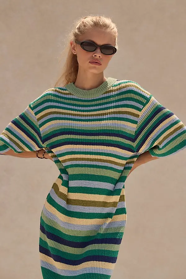 Free People Striped Knit Midi Dress - Teal Combo