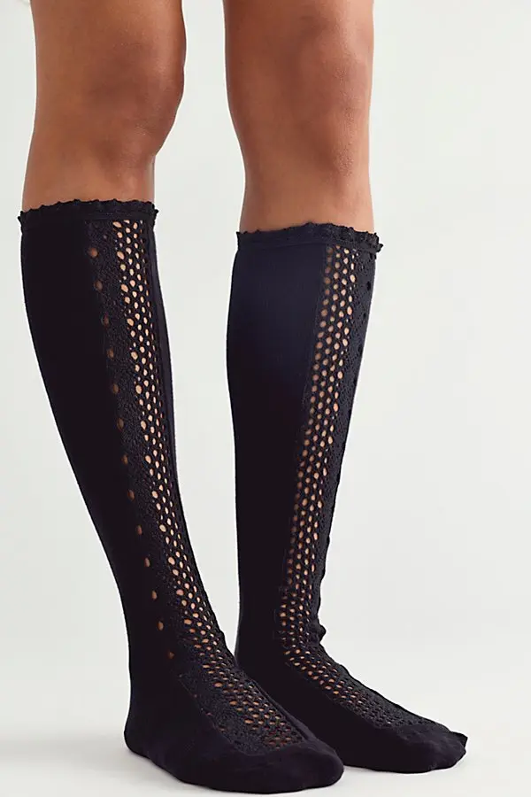 Free People Rubies Crochet Knee High Socks - Black
