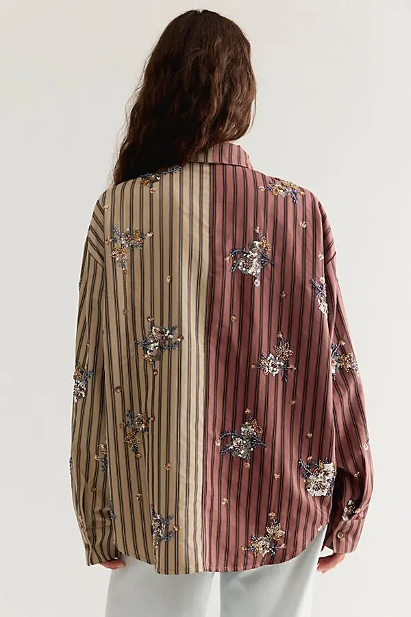 THE TALES Half N' Half Embellished Button Down Top