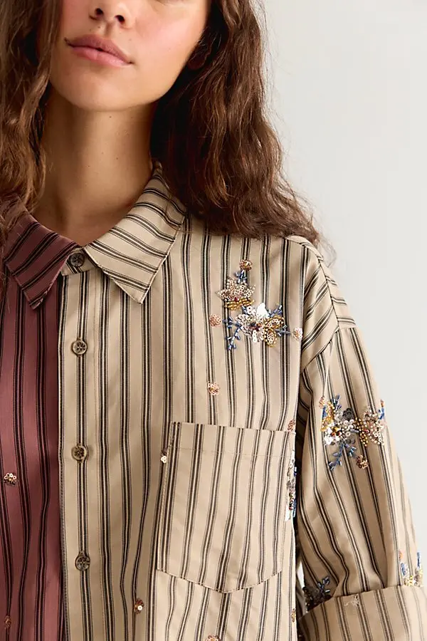THE TALES Half N' Half Embellished Button Down Top