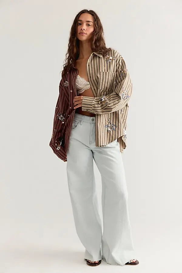 THE TALES Half N' Half Embellished Button Down Top