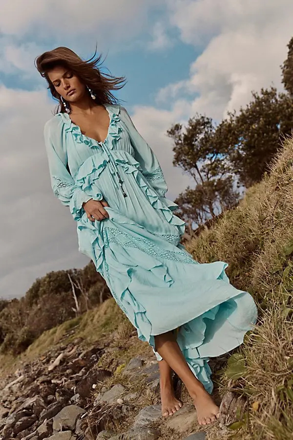 Free People Isobel Maxi Dress With Ruffles And Lace - Blue Glow