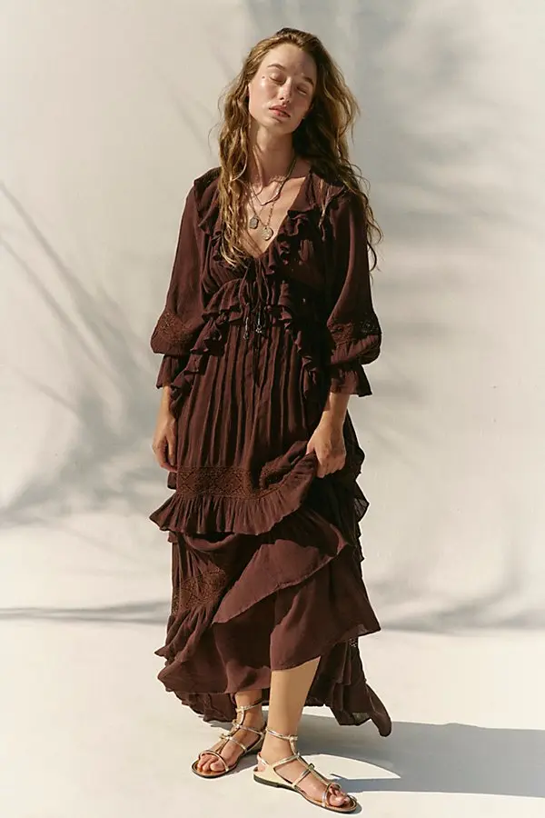 Free People Isobel Maxi Dress With Ruffles And Lace - French Chocolate