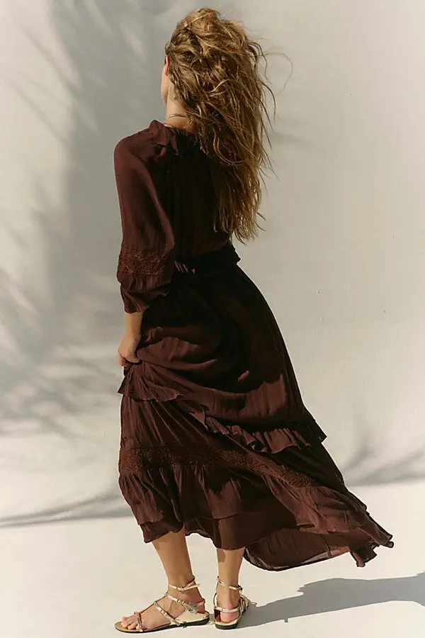 Free People Isobel Maxi Dress With Ruffles And Lace - French Chocolate