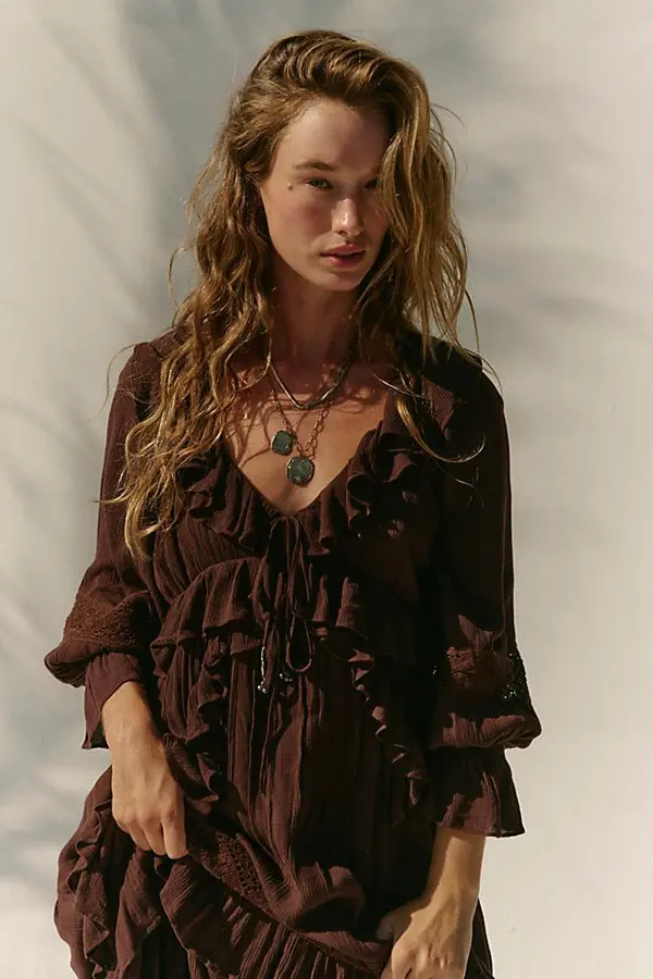 Free People Isobel Maxi Dress With Ruffles And Lace - French Chocolate