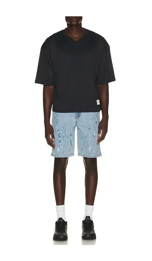 REVENGE Spider Web Denim Shorts In Blue