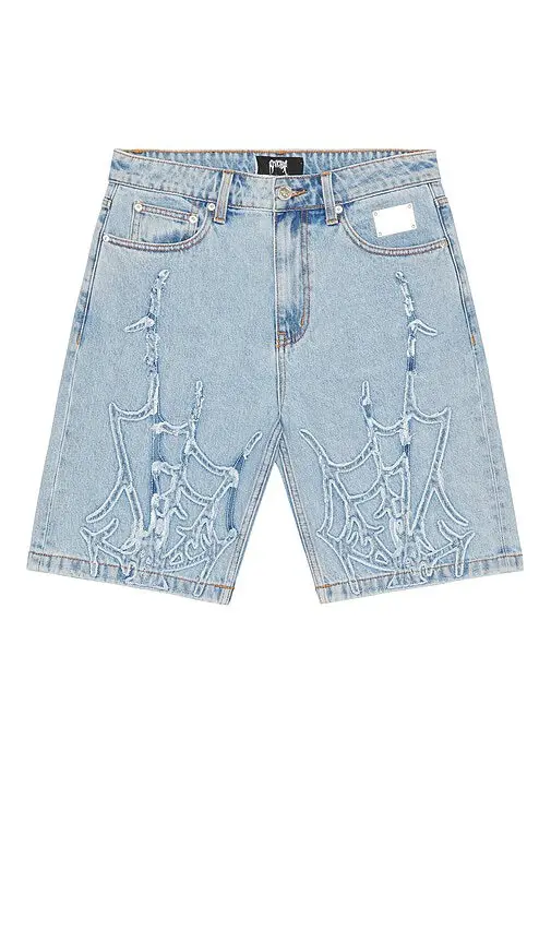 REVENGE Spider Web Denim Shorts In Blue