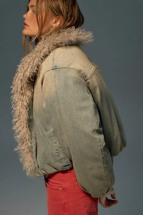 Free People Waterloo Denim Puffer Jacket With Faux Fur Collar