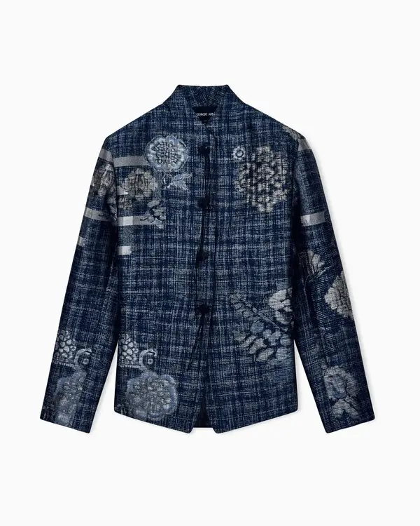 Giorgio Armani Floral Jacquard Blazer With A Guru Collar And Tassel Button - Blue