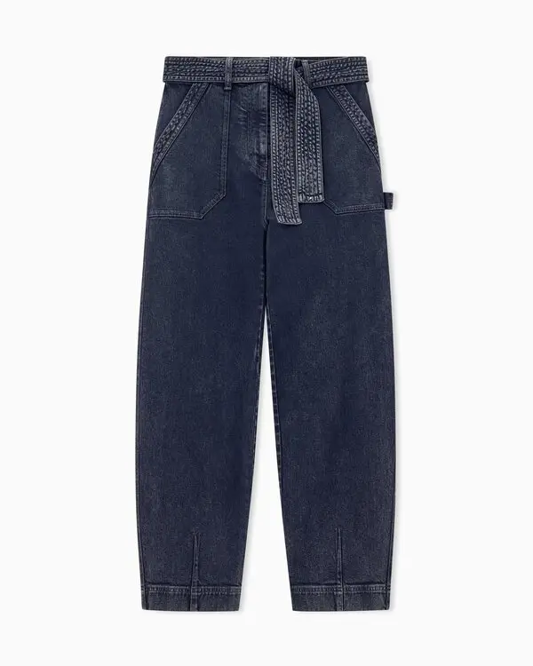 Giorgio Armani Regular Fit Belted Cargo Jeans In Stretch Cotton Denim - Blue