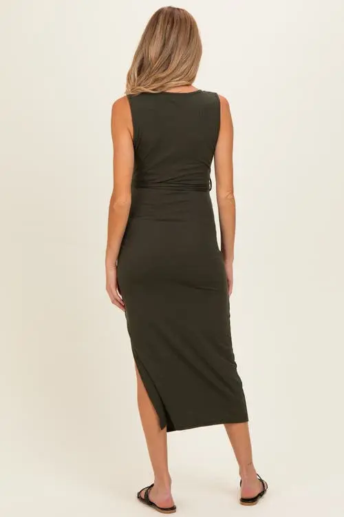 PINKBLUSH Sleeveless Wrap Maternity Midi Dress With Belt And Slits