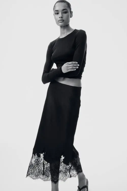 H&m Lace-trimmed Satin Skirt - Black
