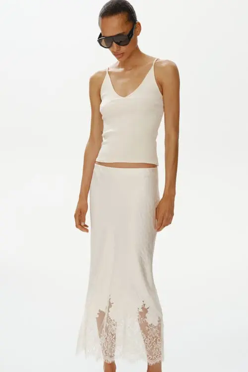 H&m Lace-trimmed Satin Skirt - Cream