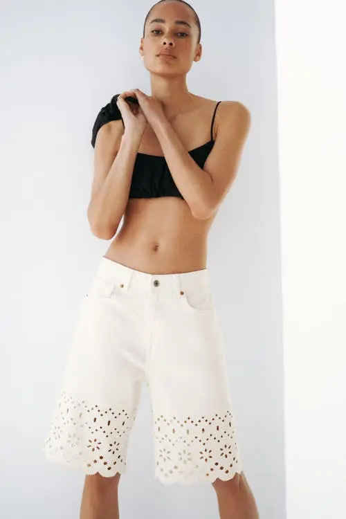 H&m Bermuda Shorts With Eyelet Embroidery