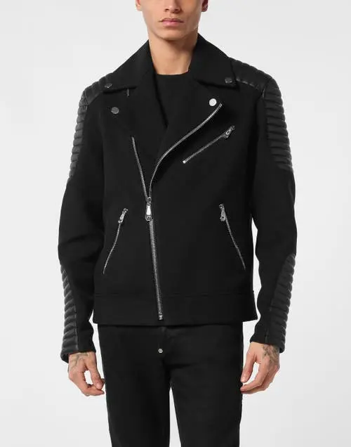 Philipp Plein Wool Biker Jacket With Leather Inserts - Black