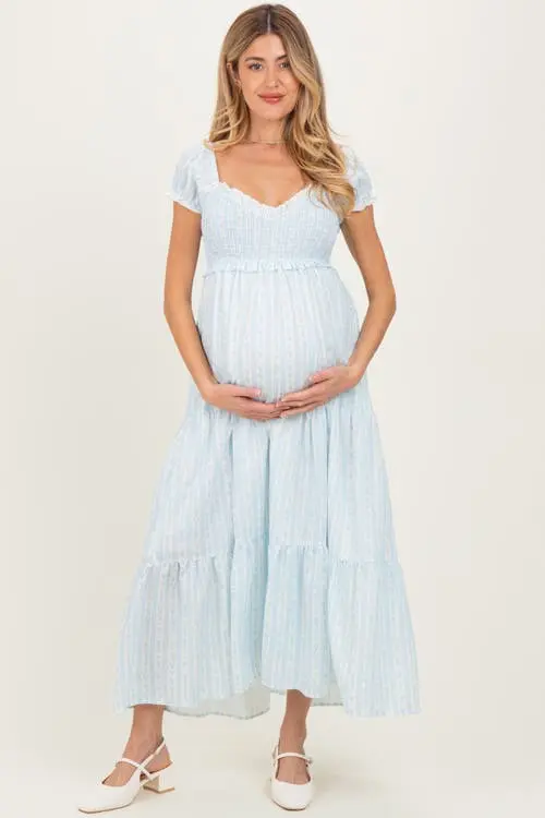 PINKBLUSH Floral Lace Trim Tiered Maxi Dress - Light Blue