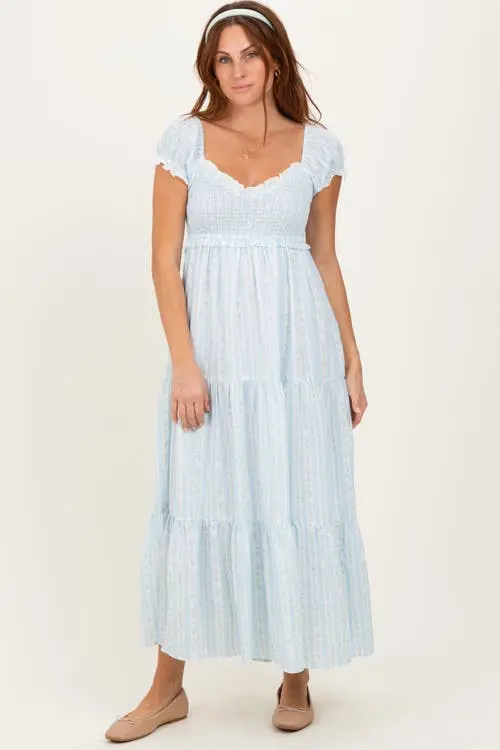 PINKBLUSH Floral Lace Trim Tiered Maxi Dress - Light Blue