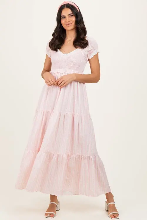 PINKBLUSH Floral Lace Trim Tiered Maxi Dress - Light Pink