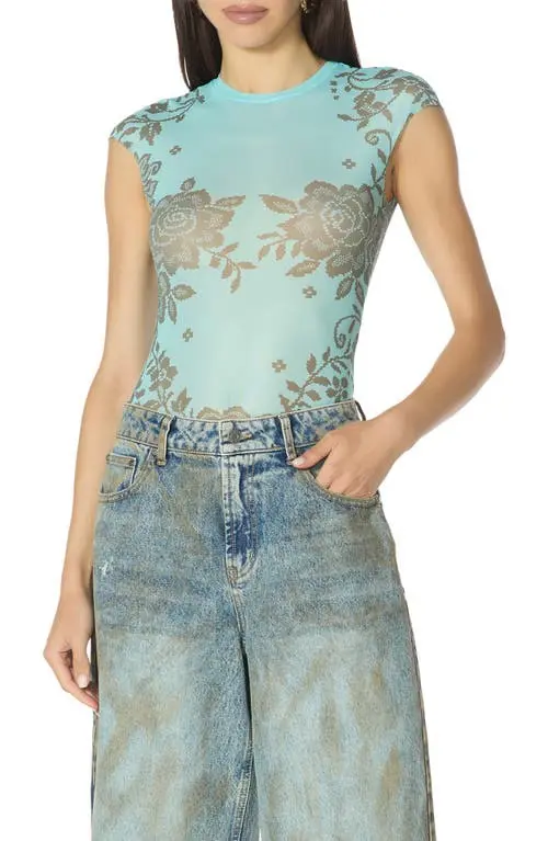 AFRM Nina Crewneck Cap Sleeve Mesh Top - Turquoise Crochet
