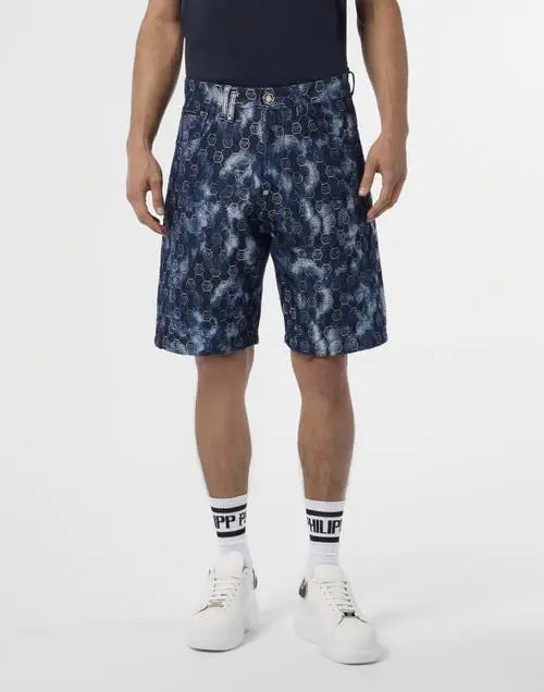 Philipp Plein Denim Shorts Jacquard Monogram - Navy