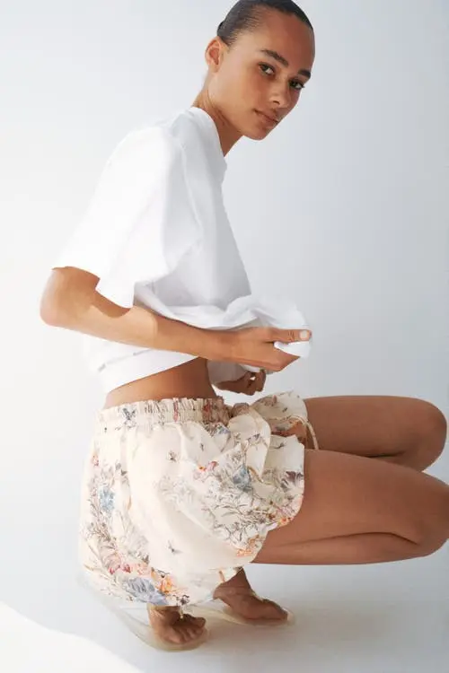 H&m Cotton Balloon Skirt - Cream/floral