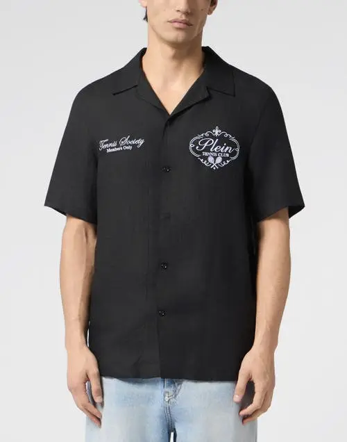 Philipp Plein Linen Bowling Shirt Tennis Club - Black