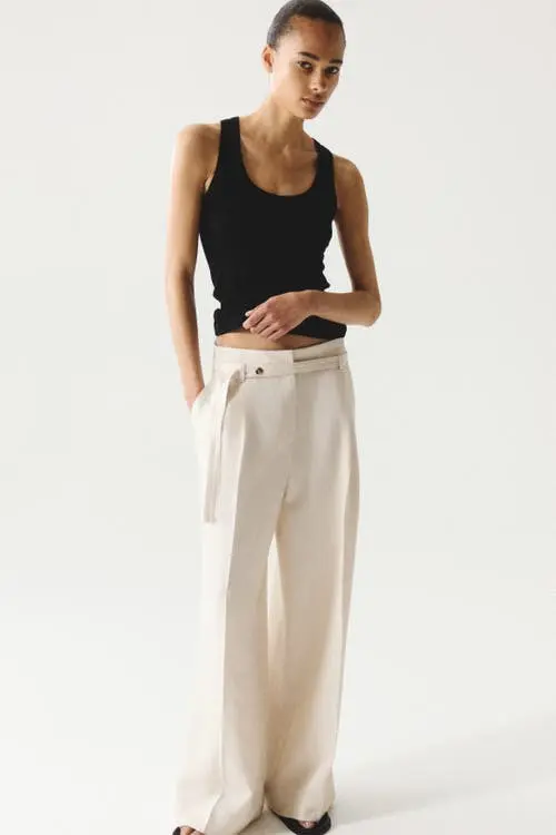 H&m Wide-leg Pants With Belt - Cream