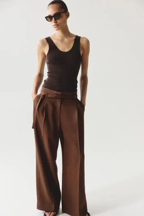 H&m Wide-leg Pants With Belt - Dark Brown