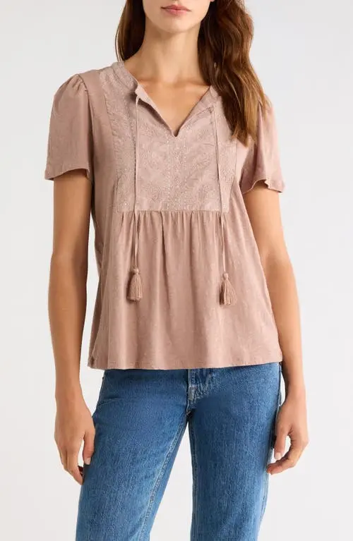 Lucky Brand Embroidered Tie Neck Peasant Top - Adobe Rose