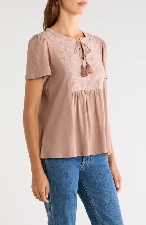 Lucky Brand Embroidered Tie Neck Peasant Top - Adobe Rose
