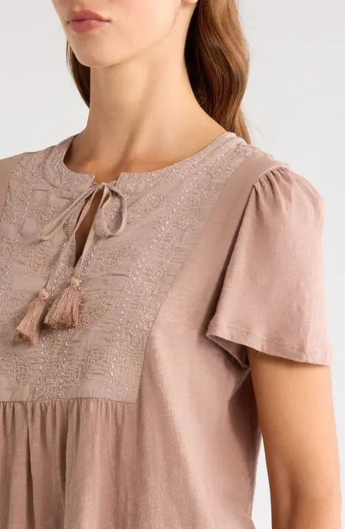 Lucky Brand Embroidered Tie Neck Peasant Top - Adobe Rose