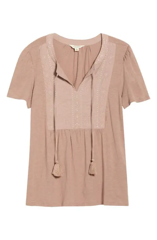 Lucky Brand Embroidered Tie Neck Peasant Top - Adobe Rose