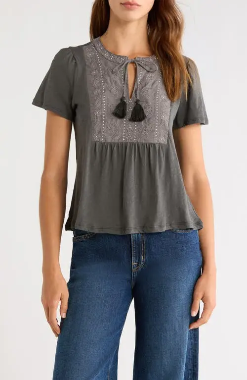 Lucky Brand Embroidered Tie Neck Peasant Top - Castlerock