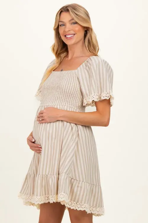 PINKBLUSH Striped Smocked Lace Trim Dress - Beige