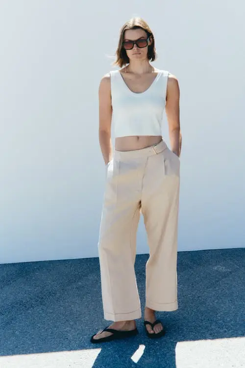 H&m Straight-leg Pants With Belt - Light Beige