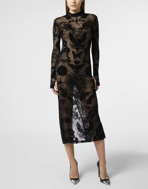 Philipp Plein Open Back Maxi Dress Flock Butterfly Tattoo - Black