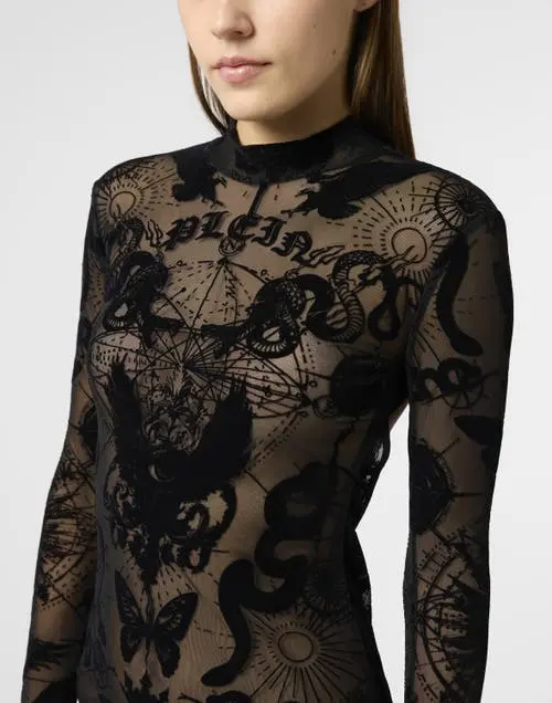 Philipp Plein Tattoo Print Sheer Maxi Dress With Open Back