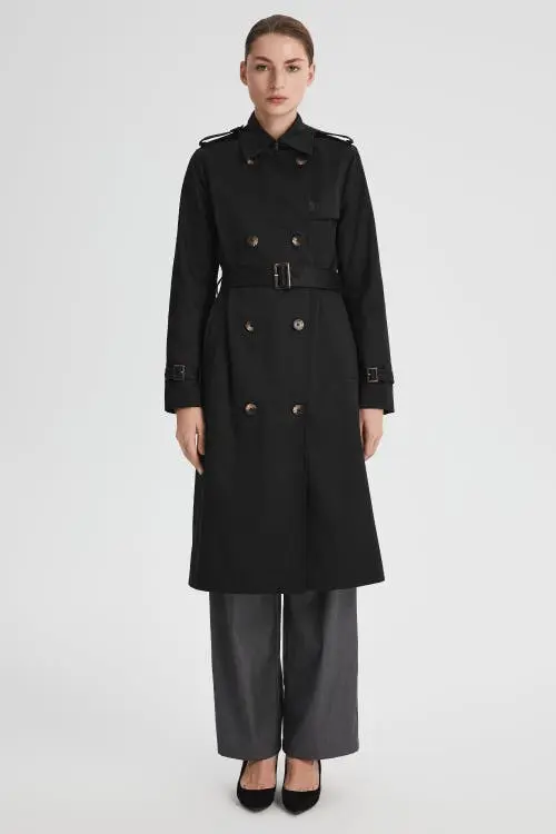 OROLAY Long Classic Trench Coat - Black