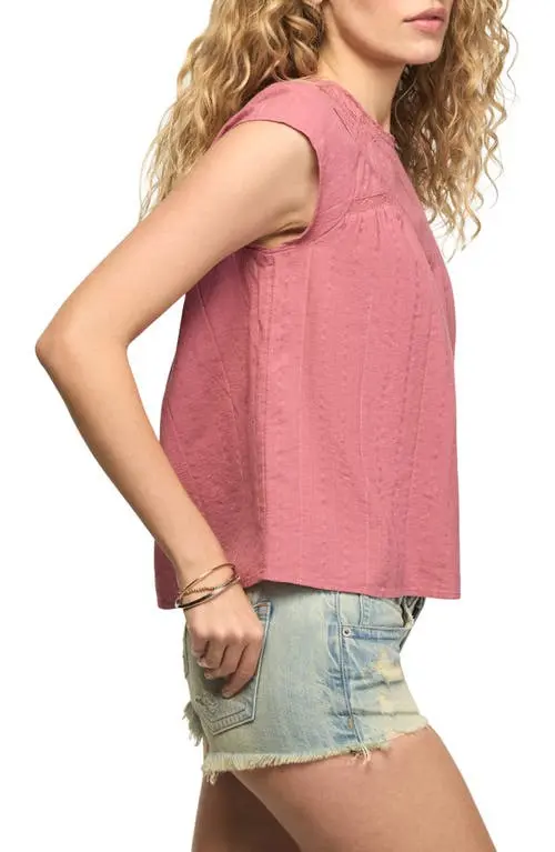 Lucky Brand Lace Inset Yoke Metallic Cotton Top - Berry