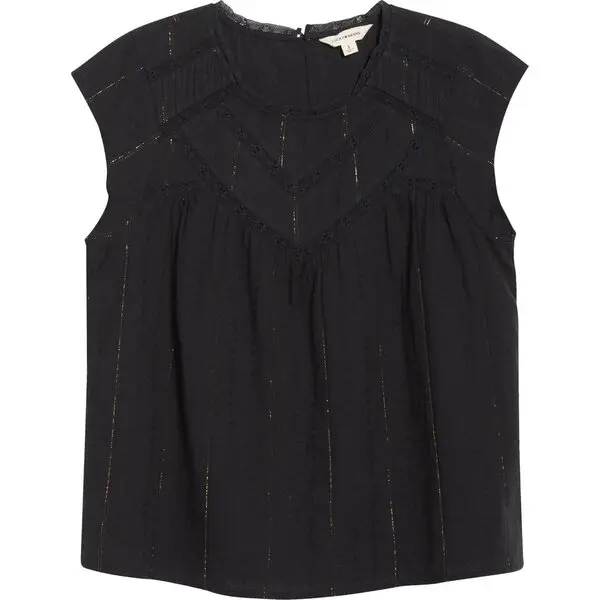Lucky Brand Lace Inset Yoke Metallic Cotton Top - Caviar