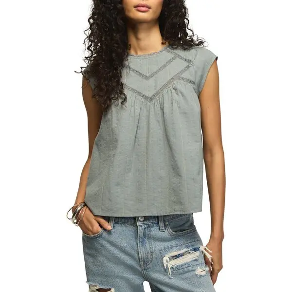 Lucky Brand Lace Inset Yoke Metallic Cotton Top - Trooper